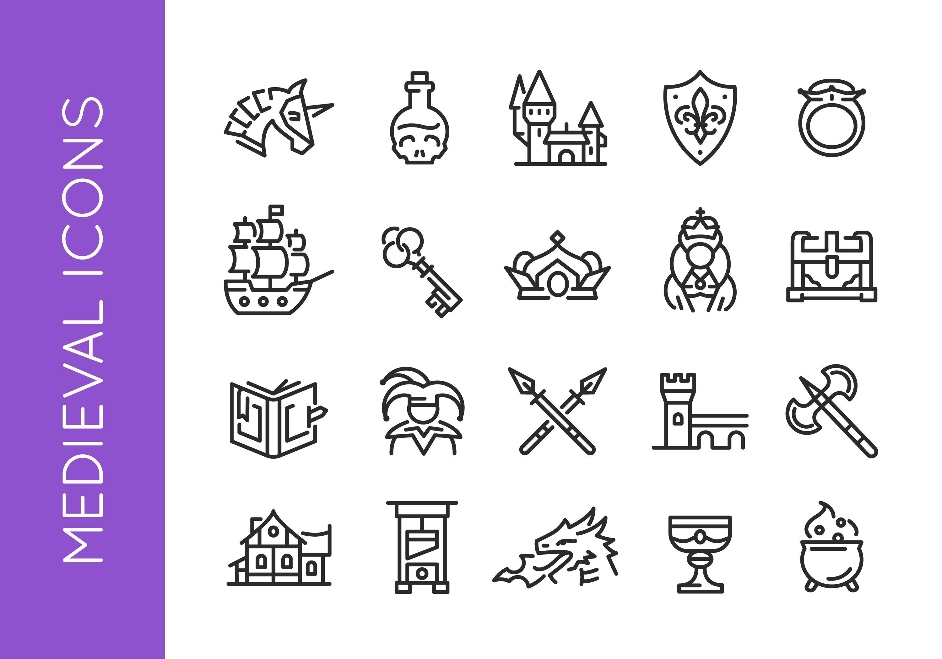 Medieval Icons. Set of 20 Icons Representing Medieval Themes. Knight ...