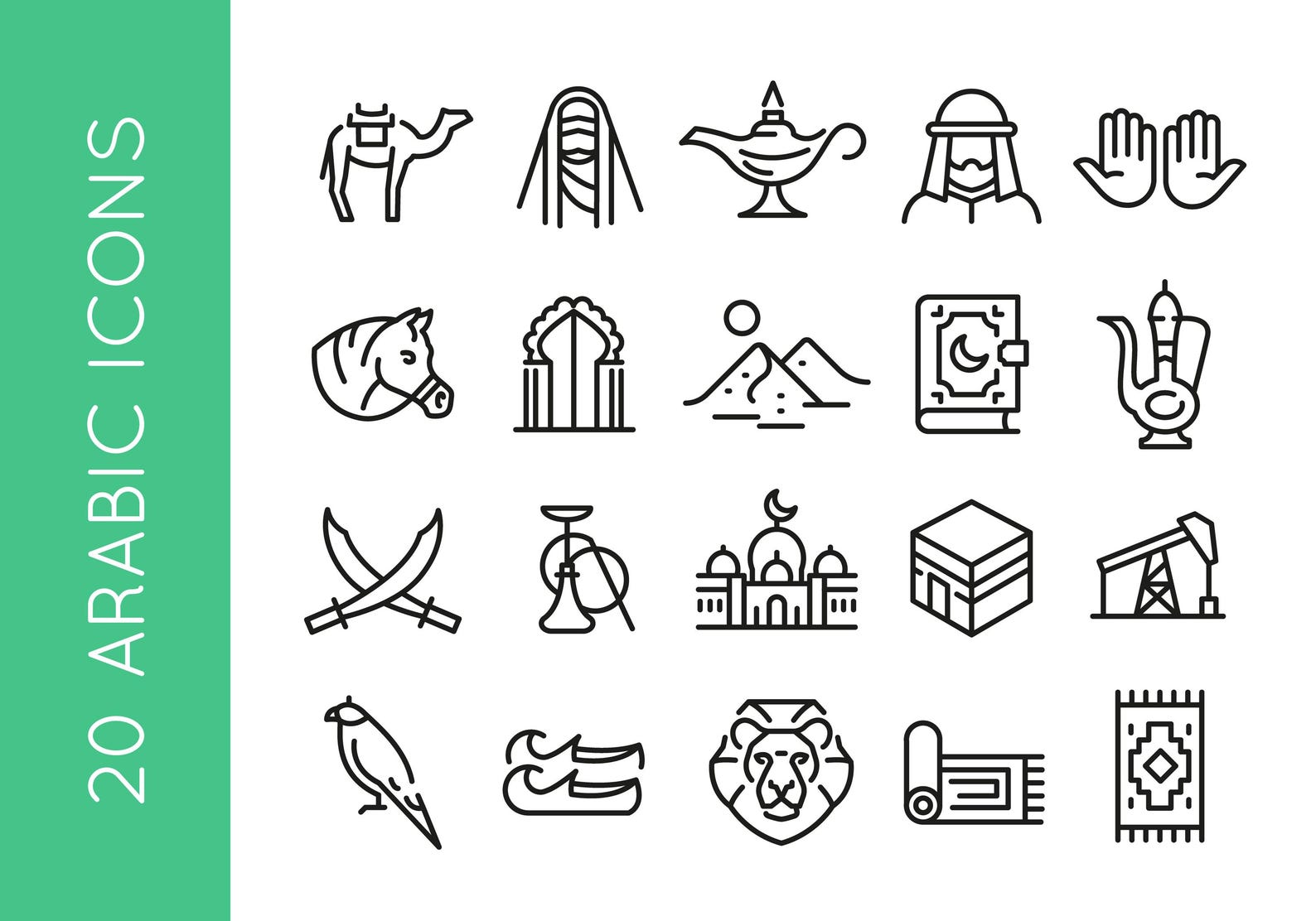 Arabic Culture Icons. Set of 20 Minimal Icons Showcasing Symbols Like ...