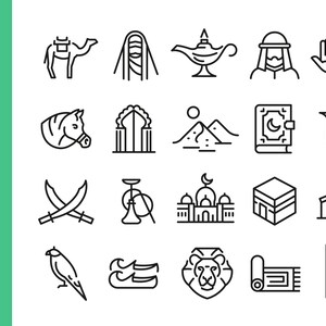 Arabic Culture Icons. Set of 20 Minimal Icons Showcasing Symbols Like ...