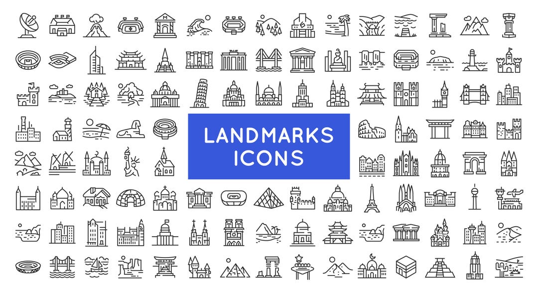 Landmarks Line Icons Bundle | 100+ Famous Monuments, World Travel ...