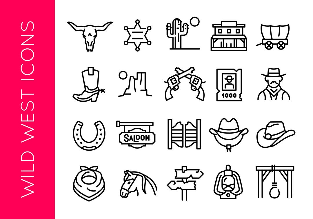 Wild West Icons. Set of 20 Wild West Icons. Sheriff Badge, Cowboy Hat ...