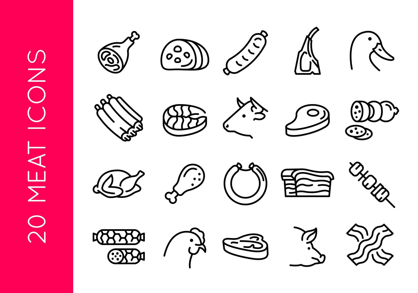 Meat Icons. Set of 20 Meat-themed Trendy Minimal Icons. Steak, Sausage ...