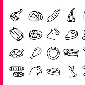 Meat Icons. Set of 20 Meat-themed Trendy Minimal Icons. Steak, Sausage ...