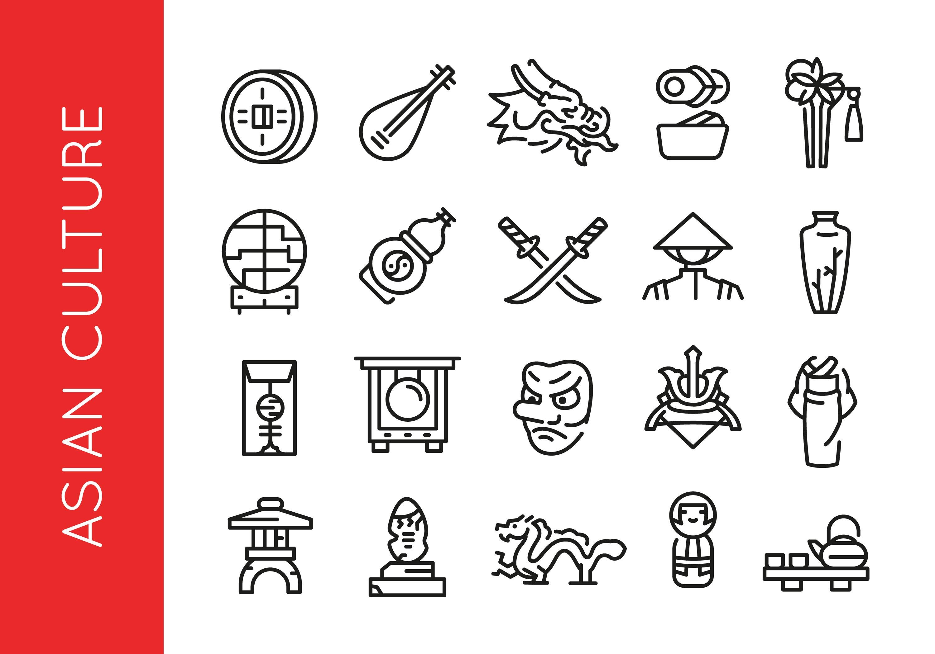 Asian Culture Icons. Set of 20 Asian Culture-themed Trendy Icons ...