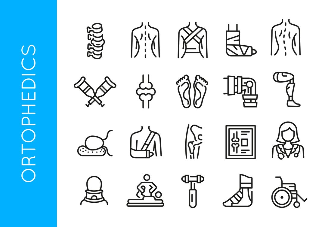 Orthopedics Icons. Set of 20 Icons Featuring Orthopedic Tools, Body ...