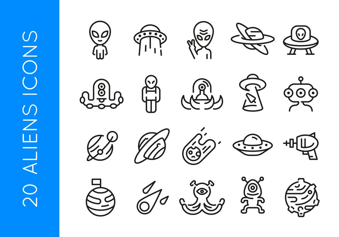 Alien Icons. Set of 20 Minimal Icons Featuring Aliens, Spaceships, Ufos ...