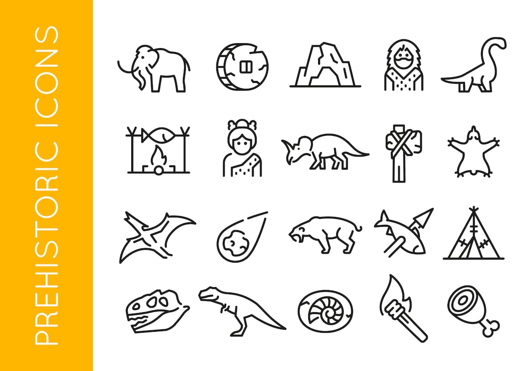 Prehistoric Icons. Set of 20 Icons Featuring Ancient Symbols Like ...