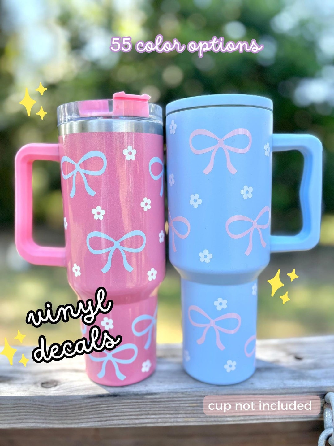 Pastel Bow & Flower Cup Decals – Cute Pink and Blue Vinyl Stickers for ...