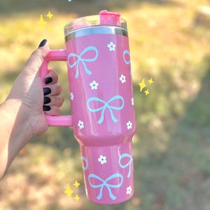Pastel Bow & Flower Cup Decals – Cute Pink and Blue Vinyl Stickers for ...