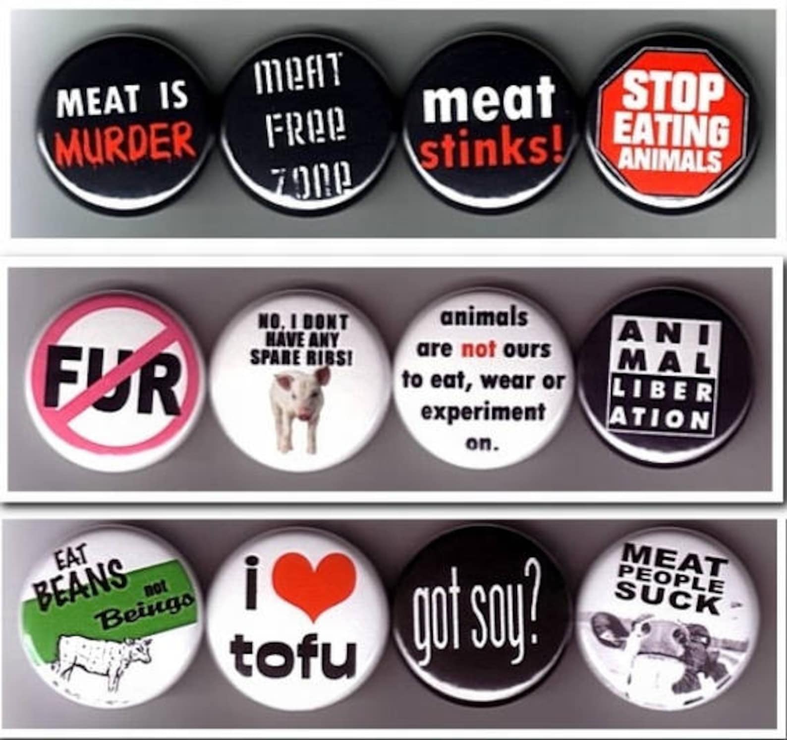 12 Vegan / Vegetarian Badges Buttons Pins Pinback Animal Rights Peta ...