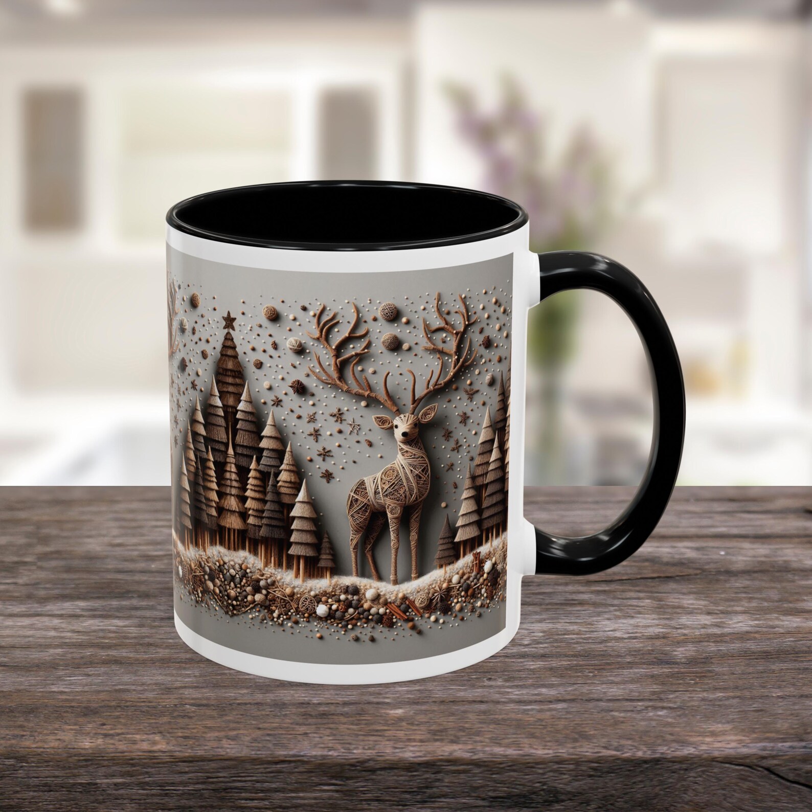Rustic Deer Woodland Mug, Faux Carved Wood Forest Design, Cozy Gift for ...