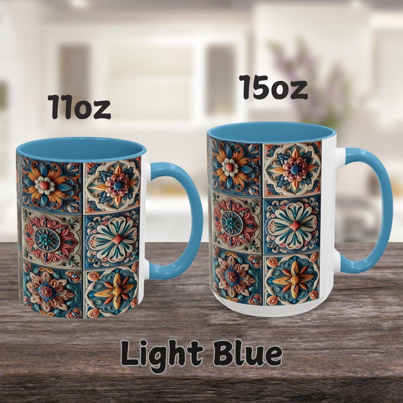 Intricate Mandala Floral Faux Tile Mug, 11oz and 15oz Ceramic Mug ...