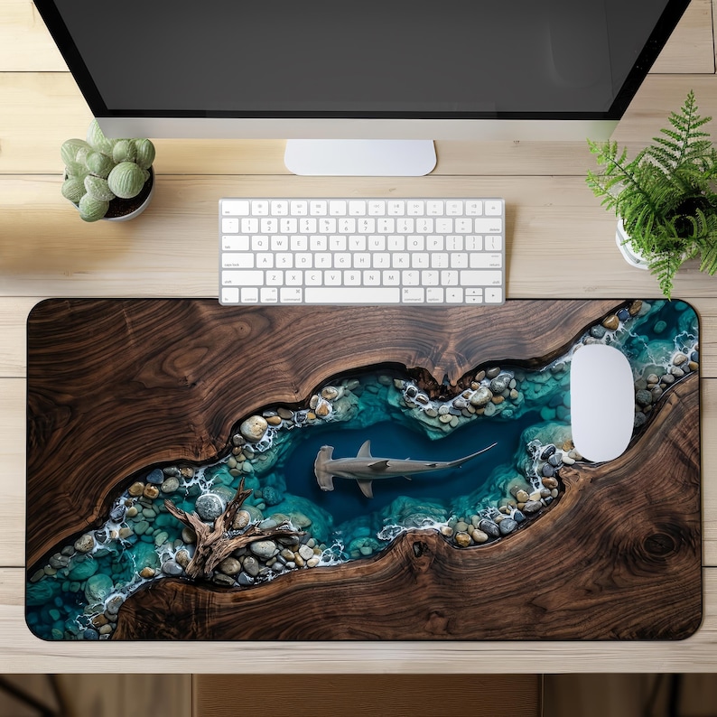 Shark Desk Mat - Ocean Resin Desk Pad | Faux Wood River Table Mouse Pad ...