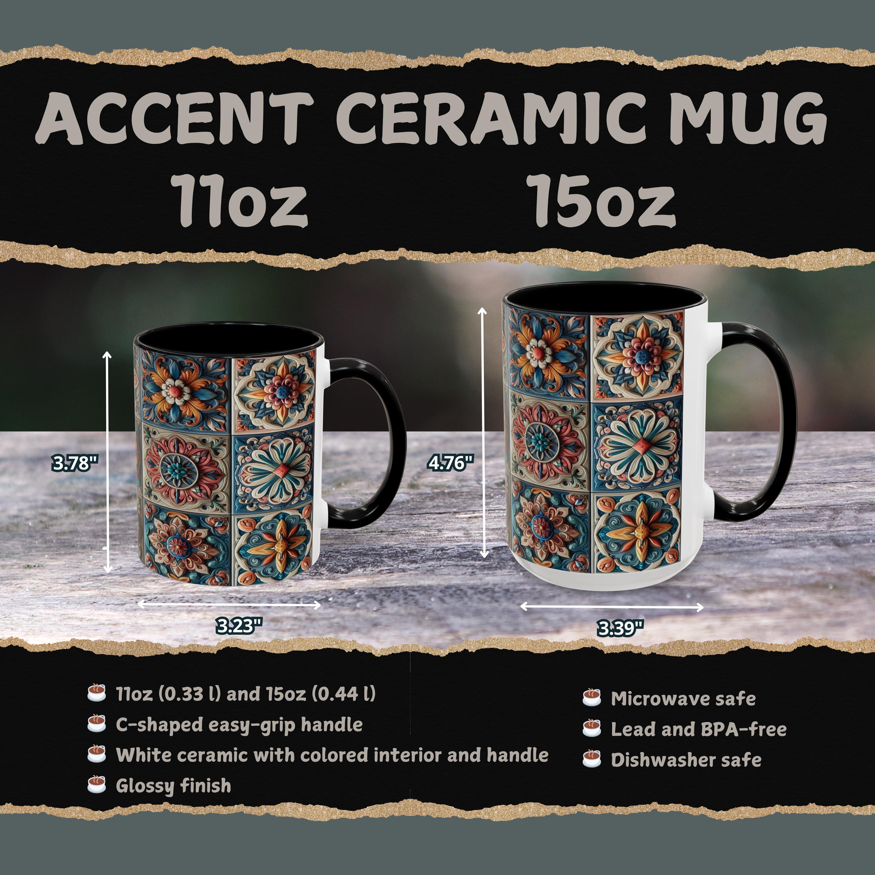 Intricate Mandala Floral Faux Tile Mug, 11oz and 15oz Ceramic Mug ...