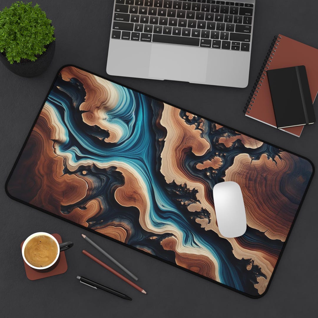 Rustic Faux Epoxy Resin Wood & River Desk Mat, Abstract Desk Pad for ...