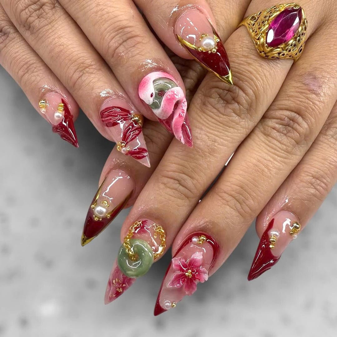 3D Lotus & Pink Snake Press on Nails, Long Stiletto Nails, Spring Nail ...