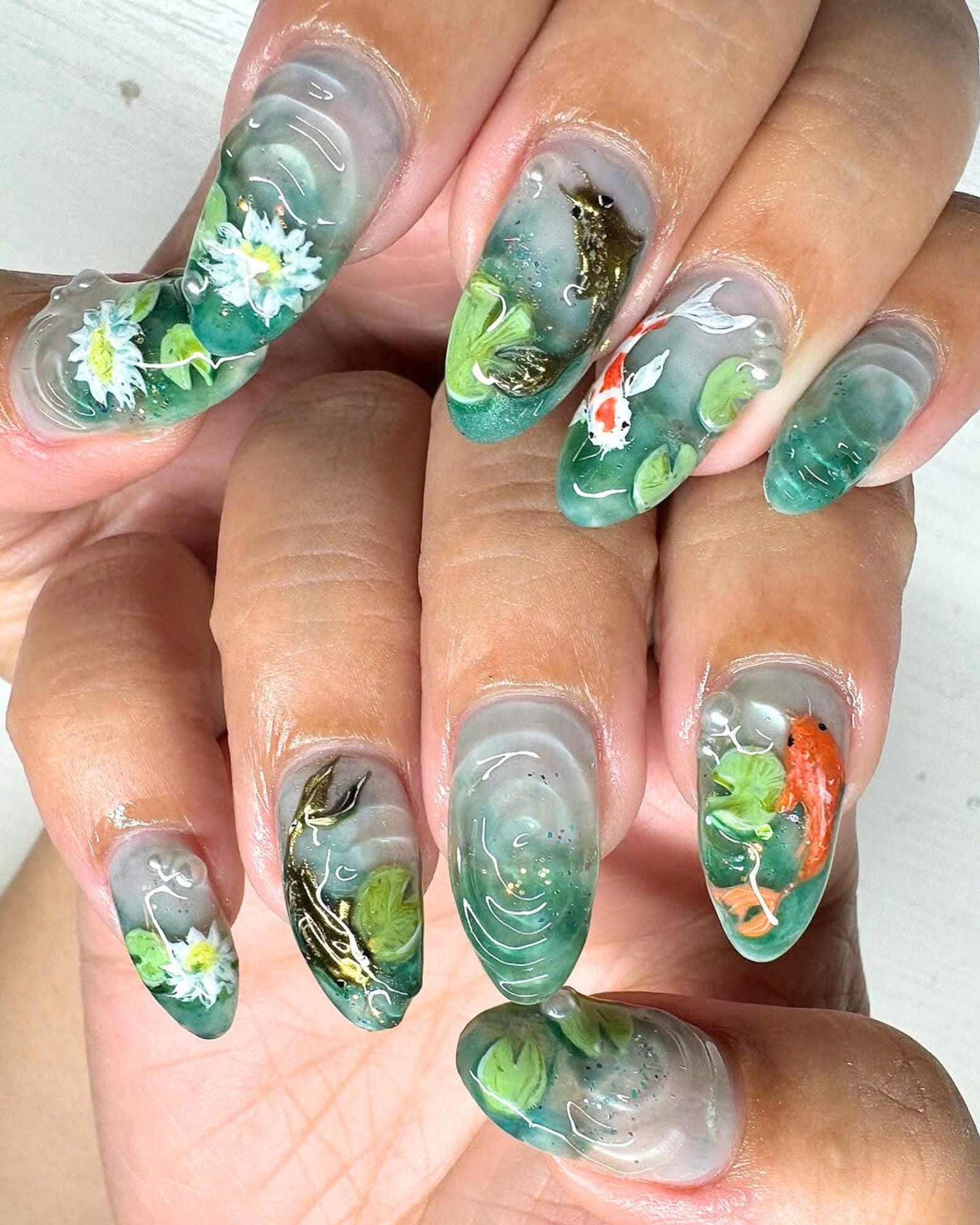 Elegant Blue Water Almond Press on Nails, Stunning 3D Water Nail Art ...