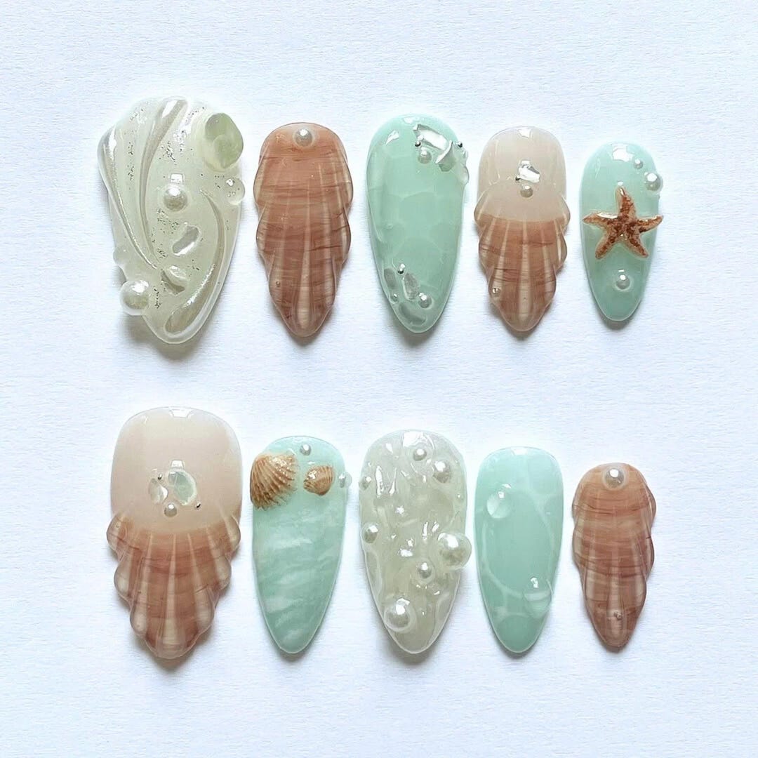 Custom Blue Almond Nail Set, Summer Inspired Press on Nails With ...