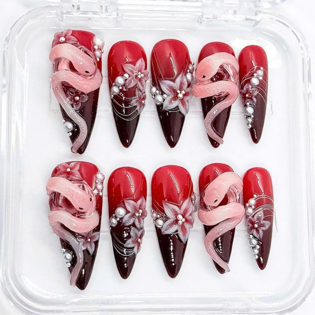 Unique Lotus & Snake Press on Nails, Pink Snake Long Almond Nail Set ...