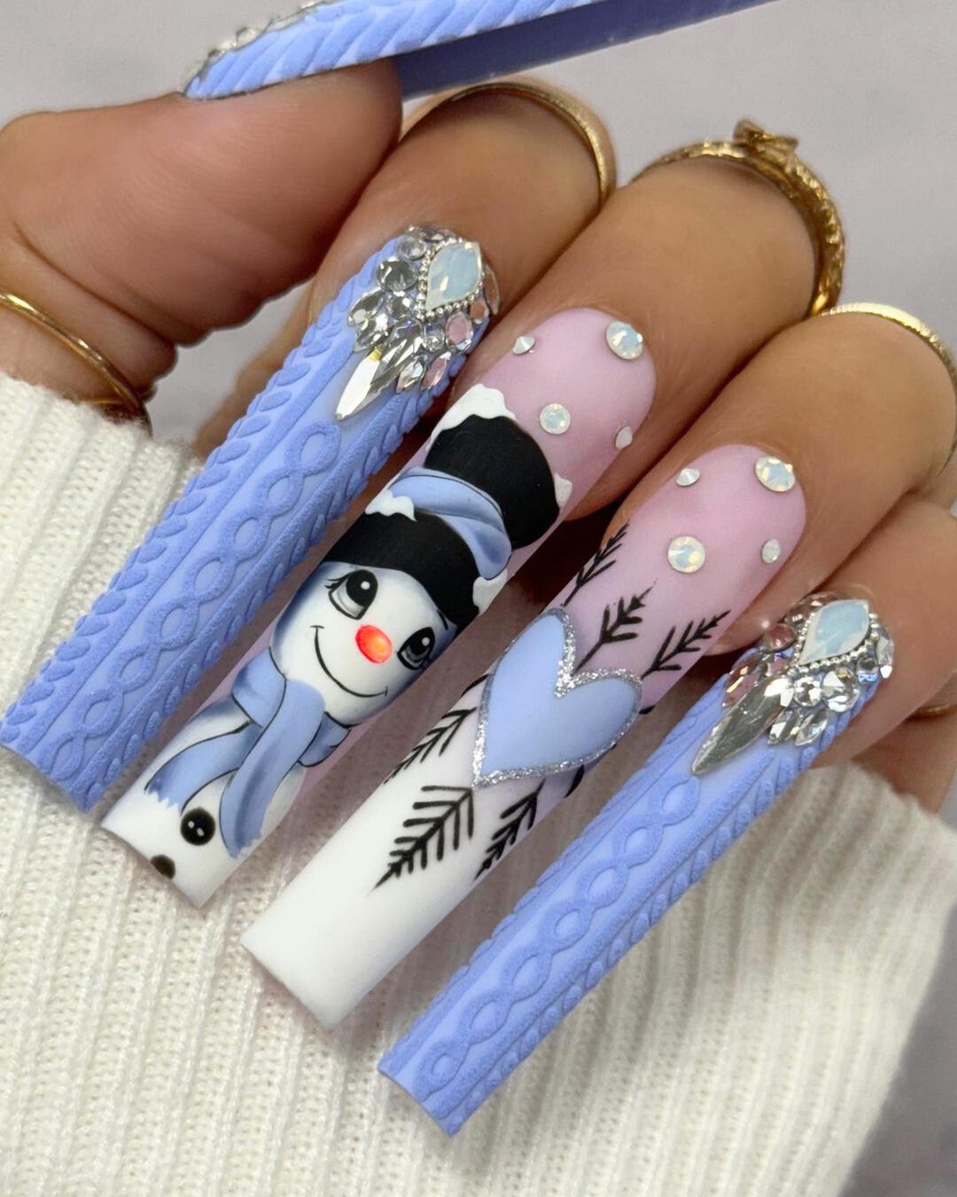 Cute Snowman Press on Nails, Hand-painted Long Christmas Fake Nails ...