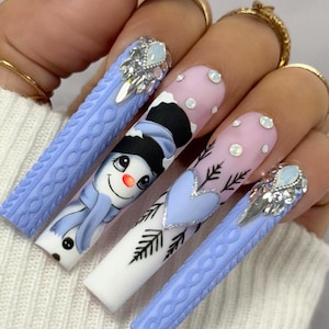 Cute Snowman Press on Nails, Hand-painted Long Christmas Fake Nails ...