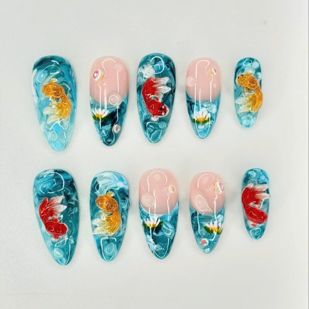 Koi Fish in Lotus Pond Press on Nails, Hand Painted Koi Fish Nail Art ...