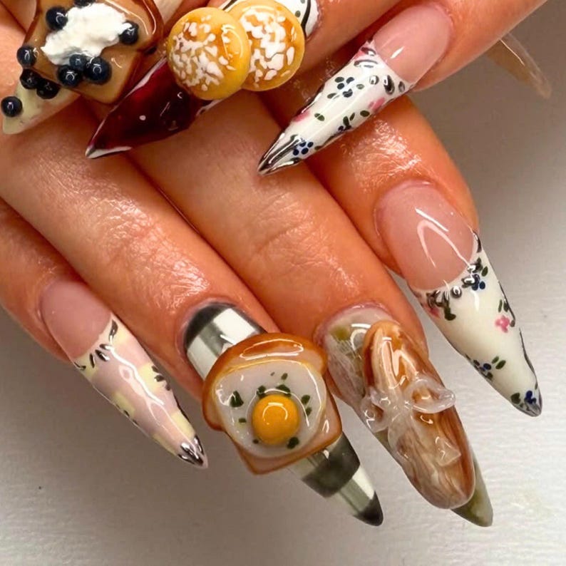 3D Food Press on Nails, Cute Breakfast Nail Art Set, Pancake & Egg ...