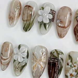 Tea Party Inspired Press on Nails, Handmade Almond Nail Set, Asian Nail ...