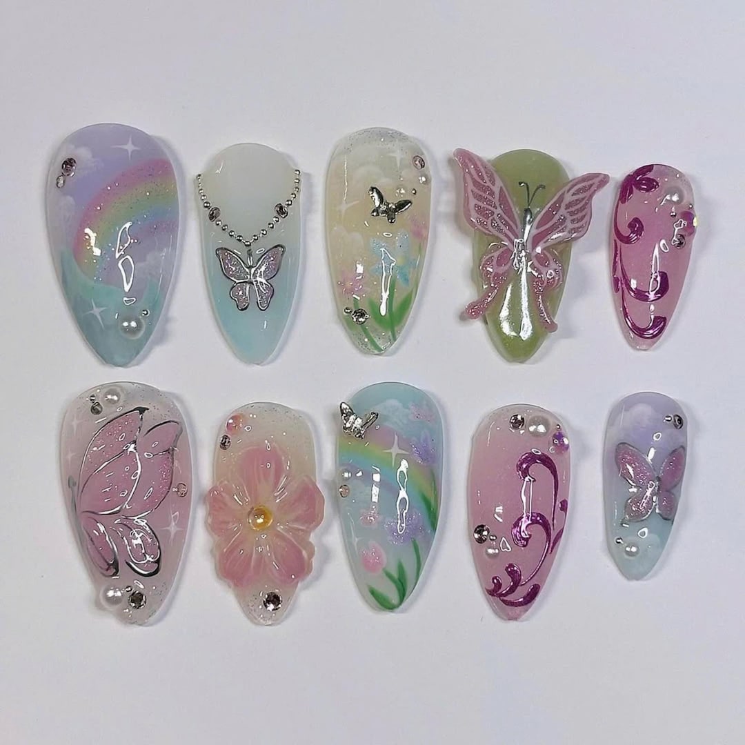 Fairy Land Press on Nails, Dreamy Almond Nail, Shimmering Floral ...