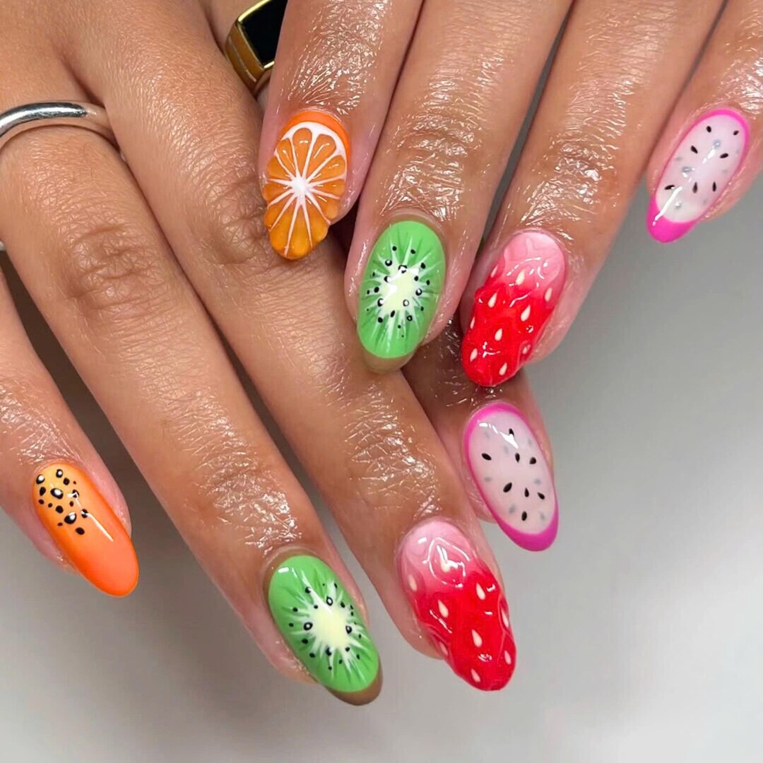 3D Tropical Fruit Press on Nail, Almond Nail Set, Summer Fake Nail Art ...