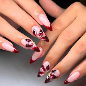 3D Red Velvet Flower Freestyle Stiletto Press on Nails, Ombre Nails ...