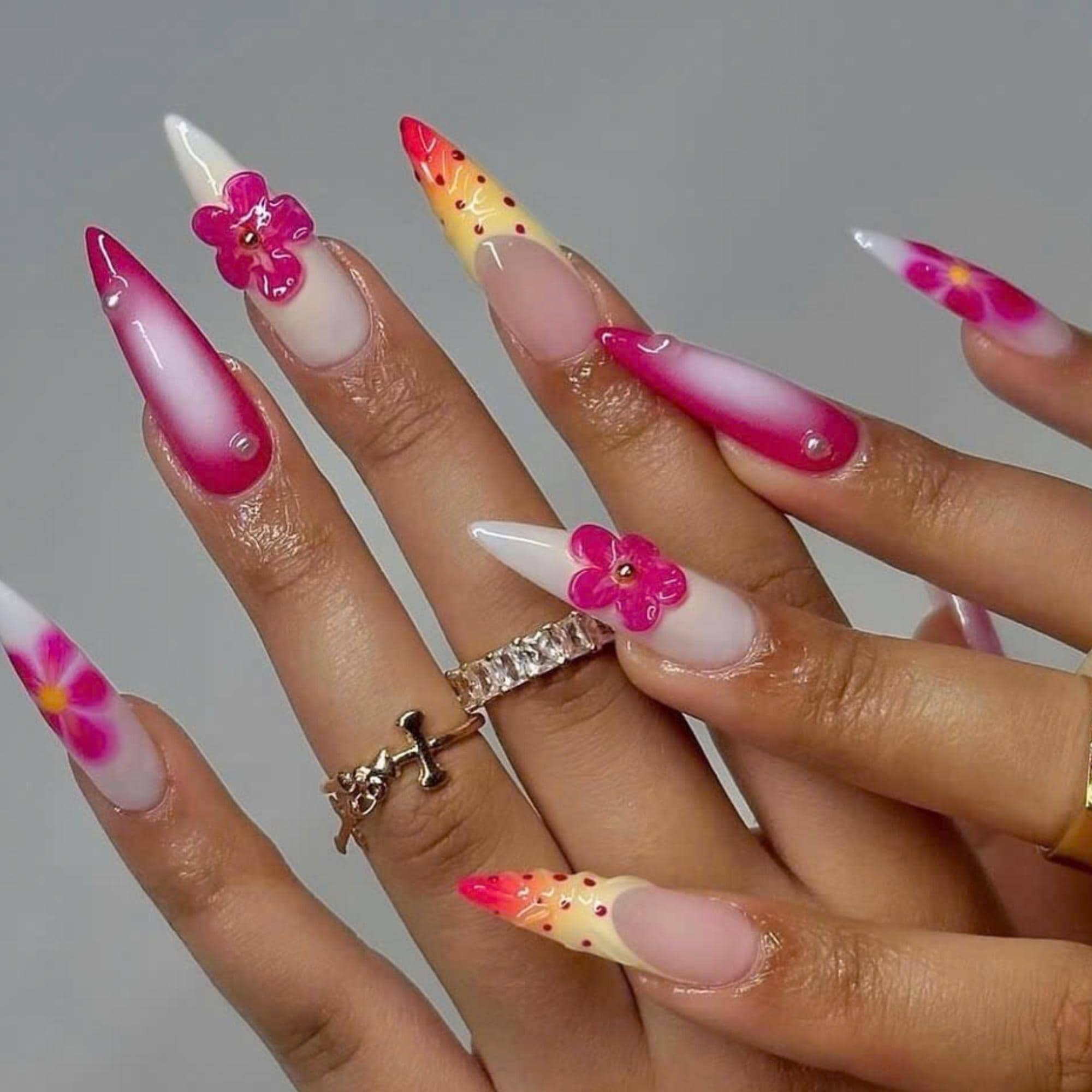 Elegant Floral Press-on Nails, Handcrafted 3D Pink Flowers Nail Set ...