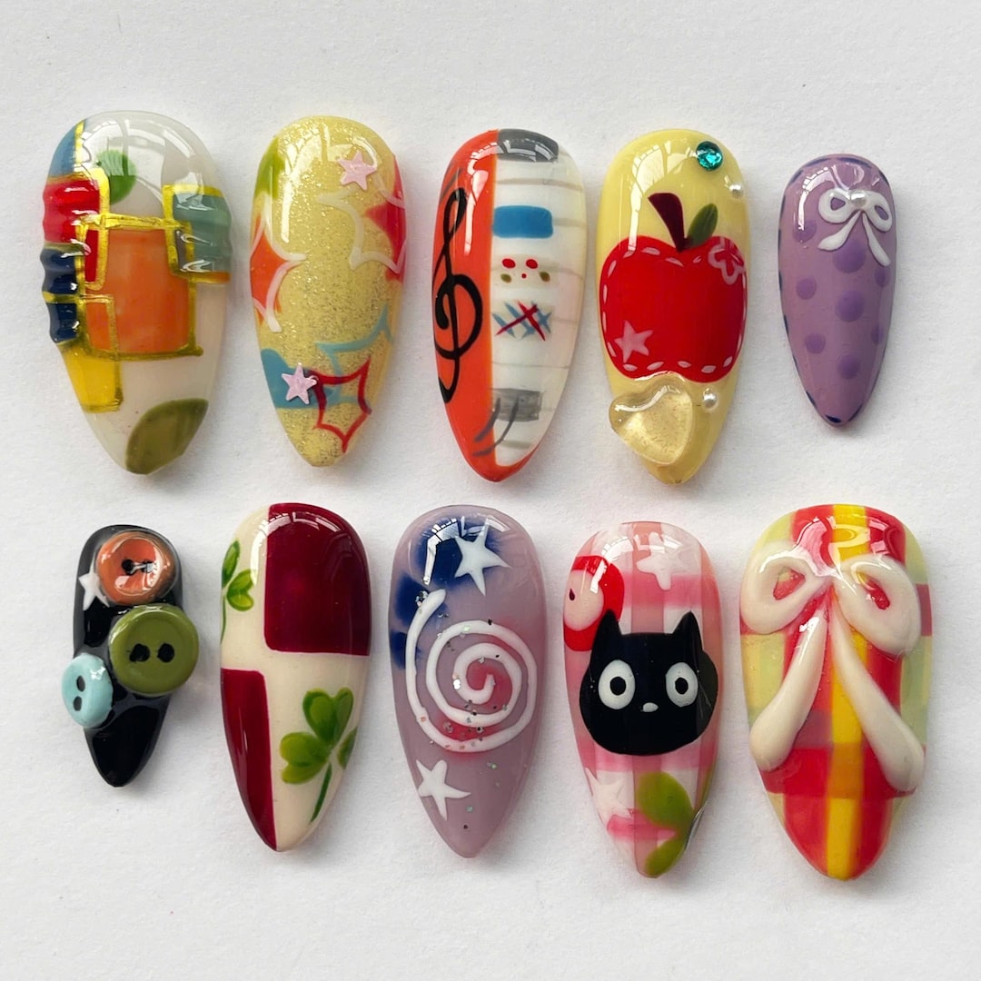 Hand-painted Cute Animal Press on Nails, Colorful Nails, Funny Nails ...