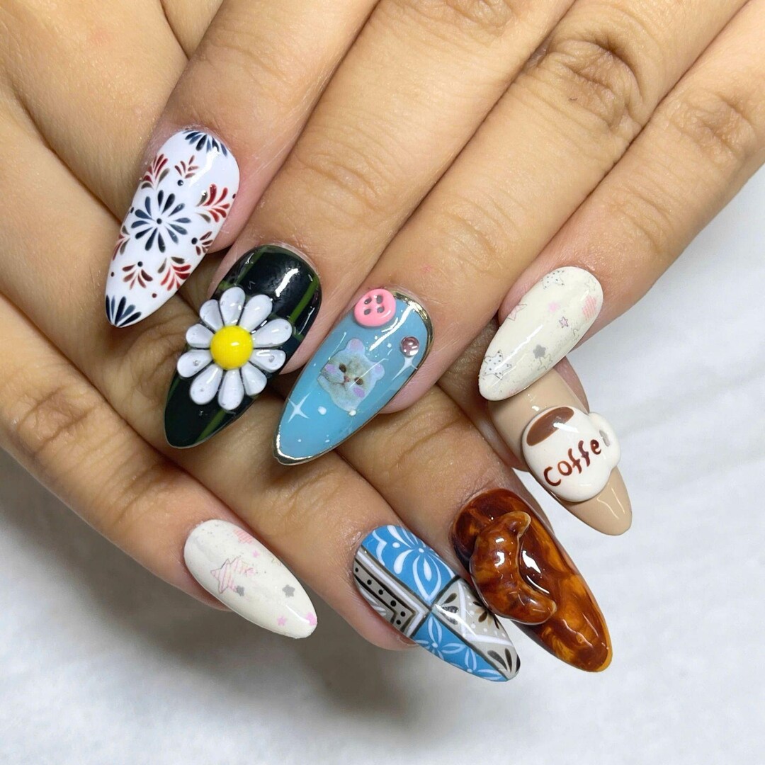 Unique Cottagecore Press on Nails, Kawaii Bear, Daisy & Coffee Cup ...