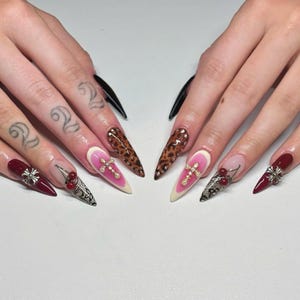 Handmade Fall Press on Nails, Long Stiletto Nail Set With Leopard Print ...