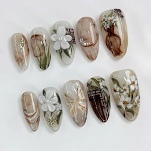 Tea Party Inspired Press on Nails, Handmade Almond Nail Set, Asian Nail ...