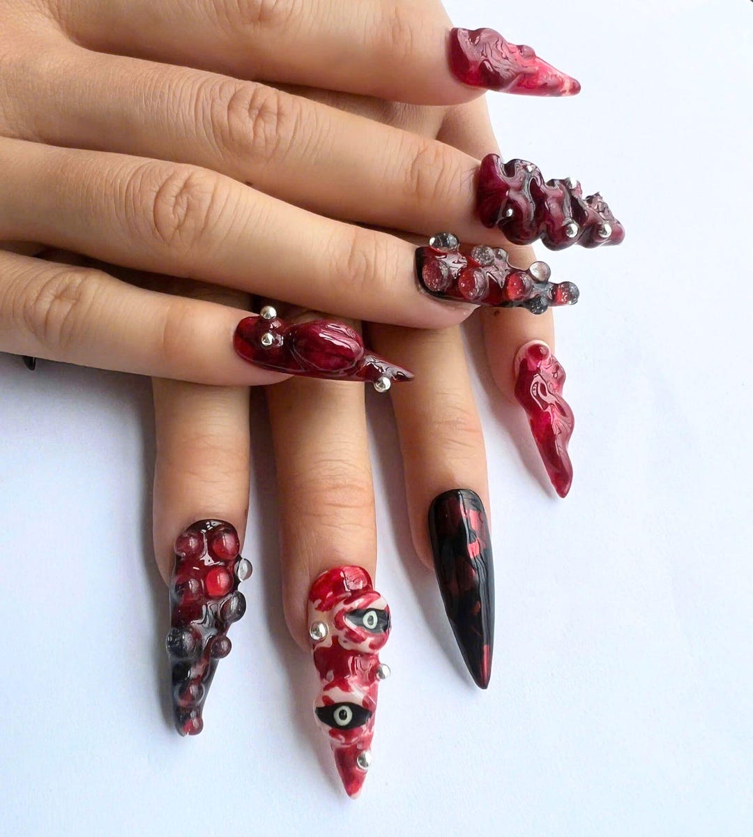 Creepy Clown Scary Halloween Press On, Handmade Long Stiletto Spooky ...