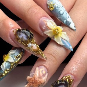 Ocean 3D Press on Nails, Handmade Mermaid Starfish Nail Art, Luxury Beach Theme Nails, Custom ...
