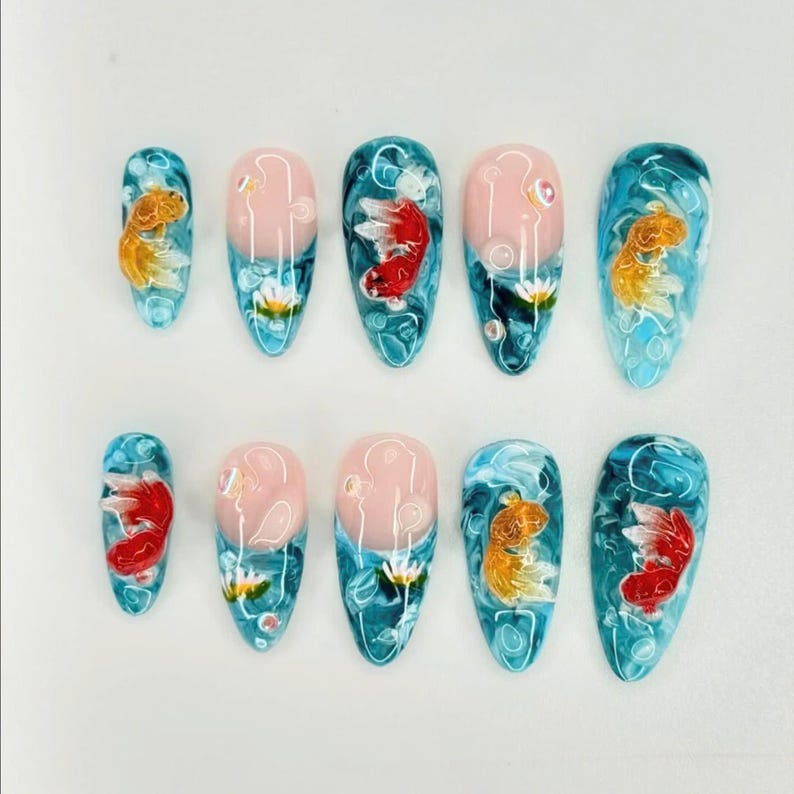 Koi Fish in Lotus Pond Press on Nails, Hand Painted Koi Fish Nail Art ...