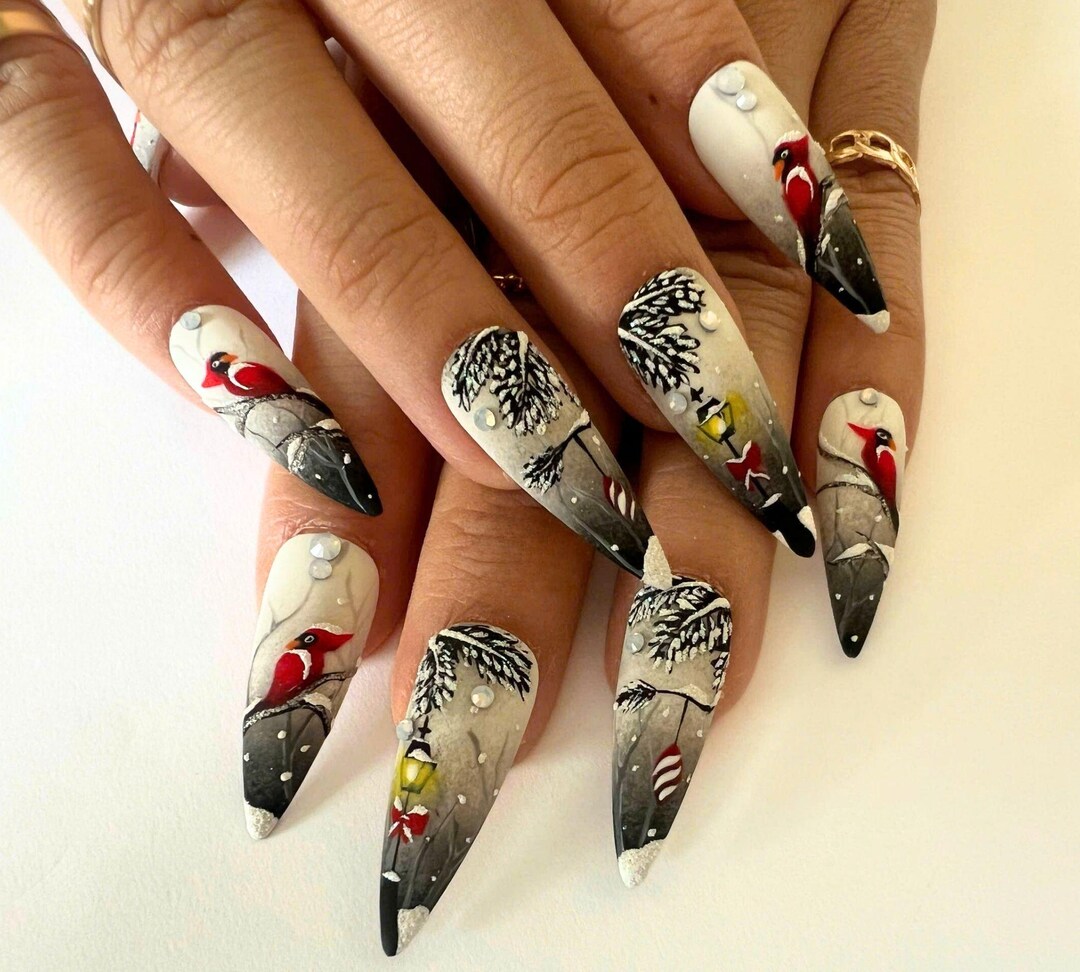 Gorgeous Cardinal in the Snowy Night Press on Nails, Warm Christmas ...