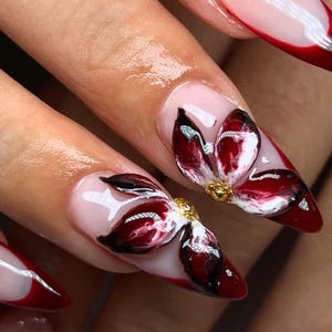 3D Red Velvet Flower Freestyle Stiletto Press on Nails, Ombre Nails ...