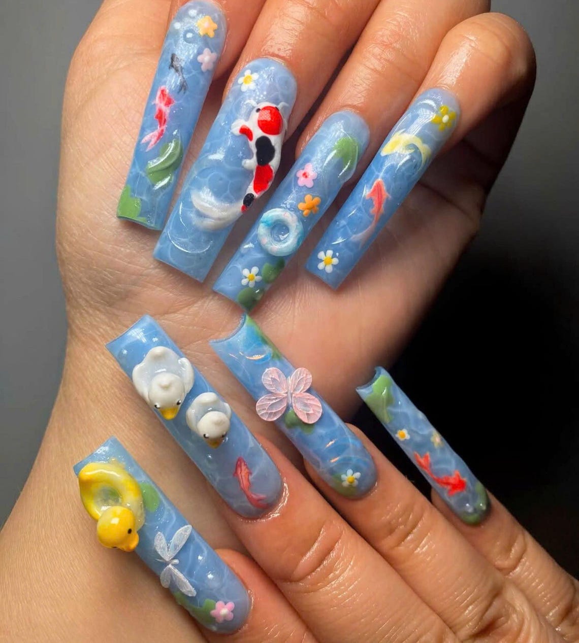 Blue Ocean Press on Nails, Hand-painted Koi Fish Nail Art, Blue With ...