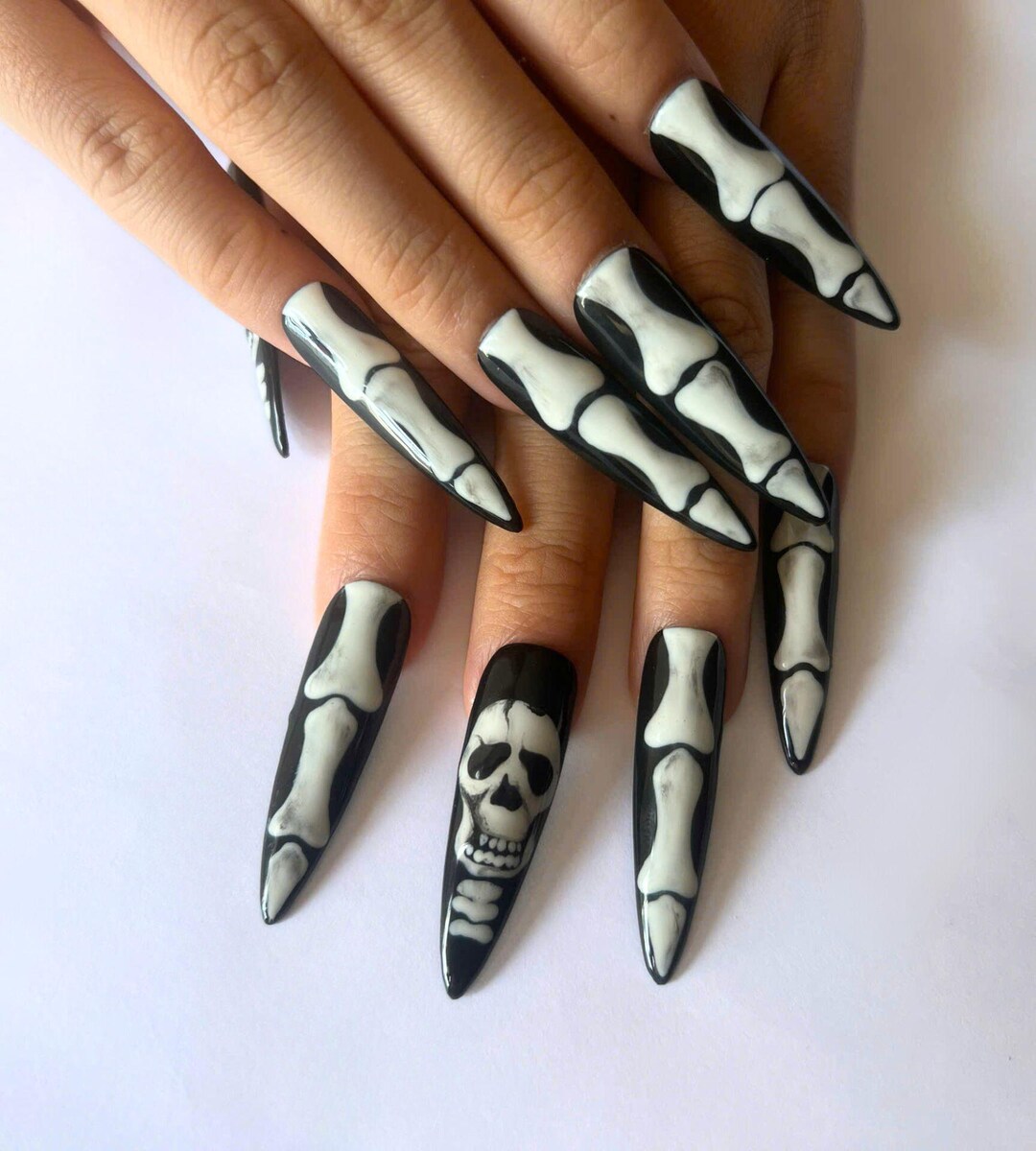 Bones Glow in the Dark Press on Nails, Hand-painted Extra Long Stiletto ...