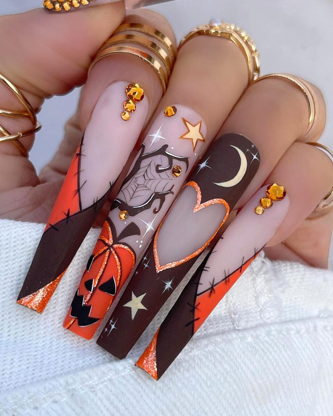 Orange Pumpkin Long Nail Press On, Matte Pink, Brown Halloween Press On ...