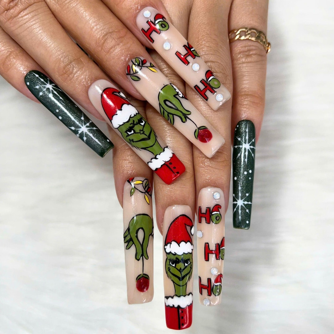 Hand-painted Grinch Hand Press on Nails, Elegant Long Nails, Christmas Nails, Devil's Hand Fake ...