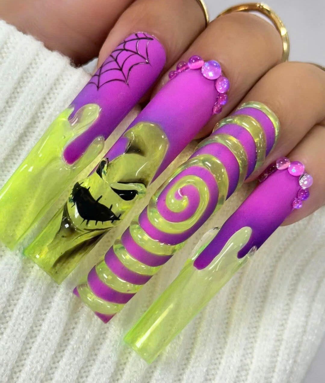 Green Oogie Boogie Press on Nails, Matte Pink Jack Skellington Nail Art ...