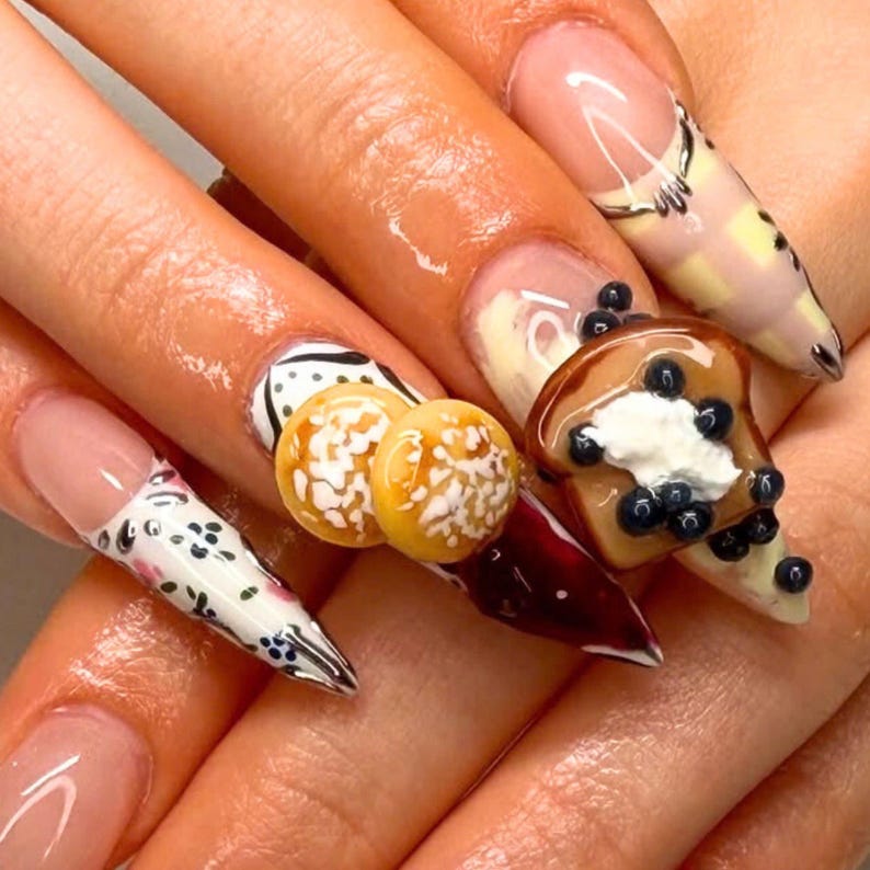3D Food Press on Nails, Cute Breakfast Nail Art Set, Pancake & Egg ...