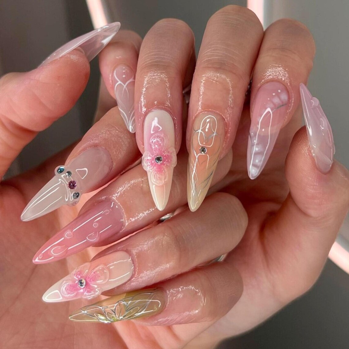 3D Pastel Flower Nails Press on Nails, Hand-painted With Charm Nails ...