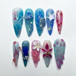 Blue Ocean Press on Nails, 3D Water Nail Art Adorned With 3D Flower ...