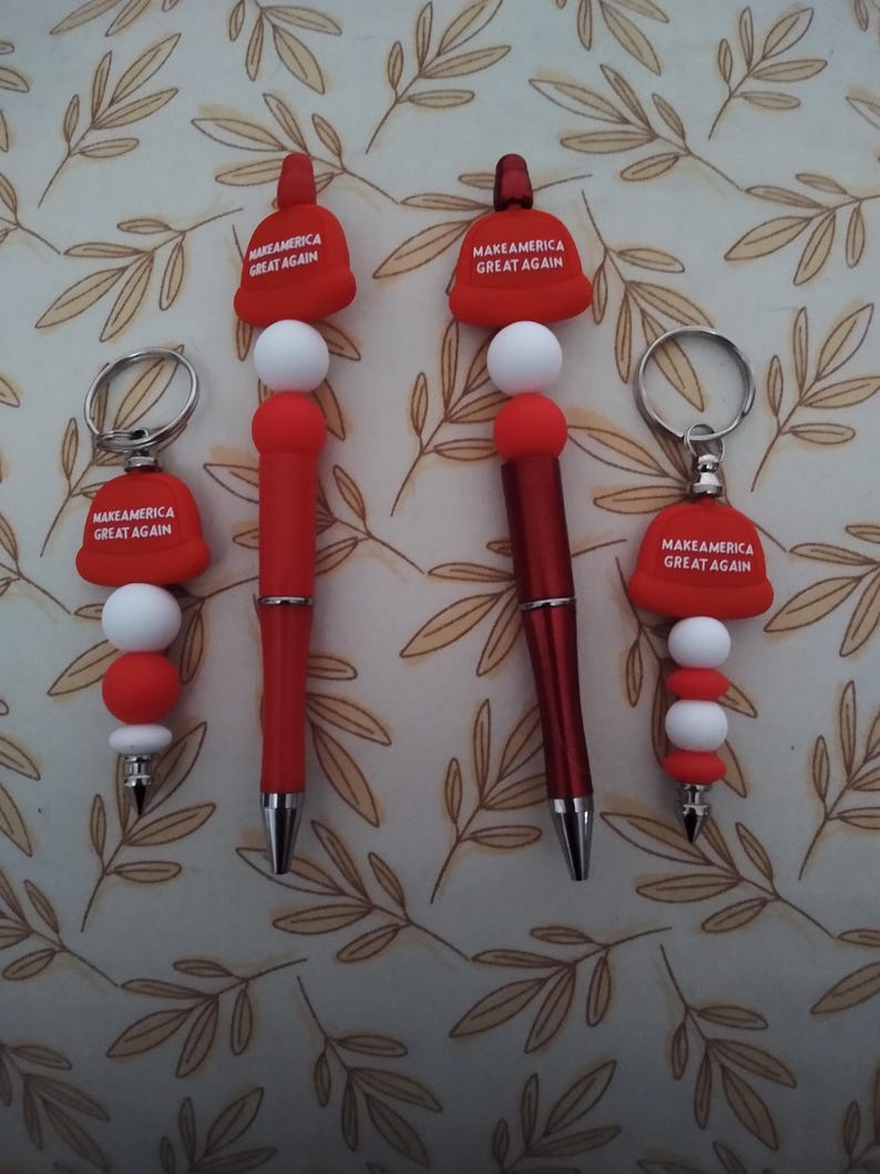 Trump MAGA Patriotic Flag Beaded Pen and Bead Keychain Set Combo Gift ...